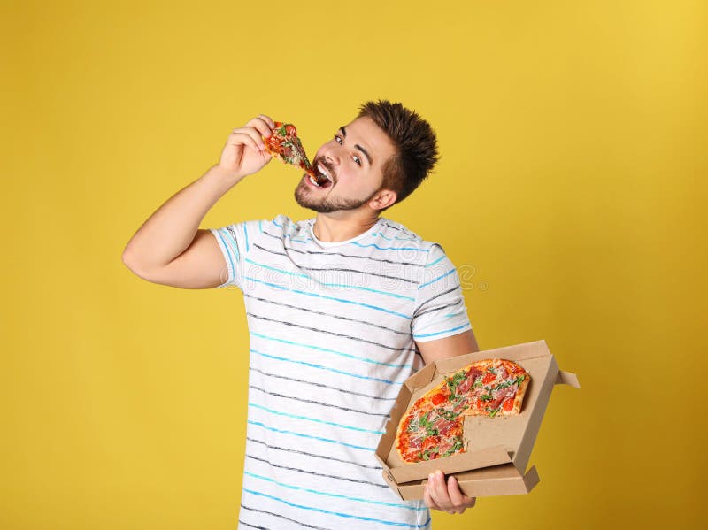 Handsome Man Eating Tasty Pizza on Background Stock Image - Image of ...