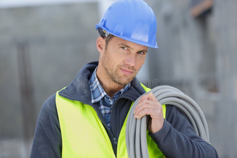 Handsome Man Electrician Wiring Cable Outdoors Stock Image - Image of ...