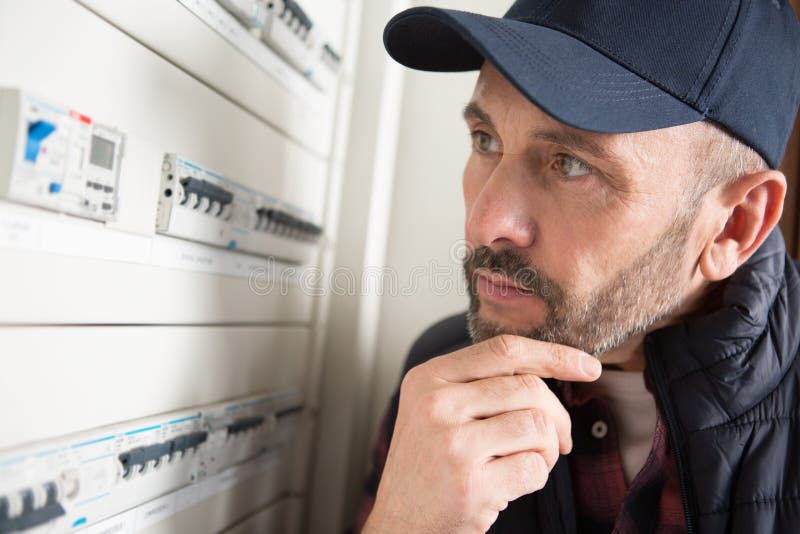 Handsome Man Electrician Working on Switchboard Stock Image - Image of ...