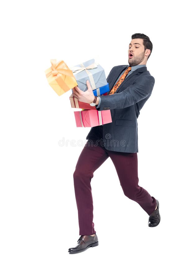 Handsome Man with Falling Gift Boxes Stock Image - Image of person ...