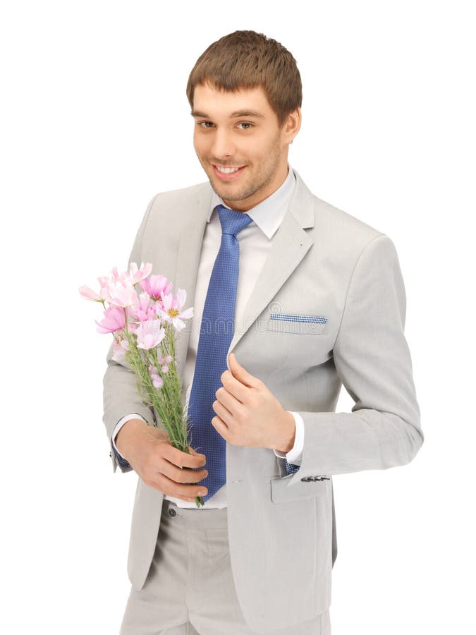 Young Handsome Man with Beautiful Flower Bouquet on Light Stock Image ...