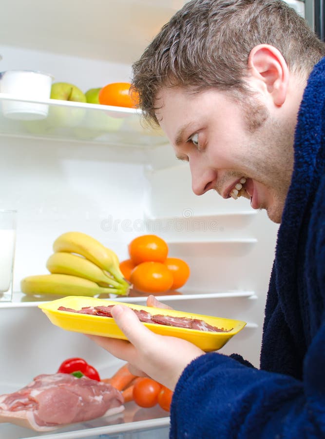 Handsome Man Going To Eat Ham Stock Image - Image of hold, refrigerator ...
