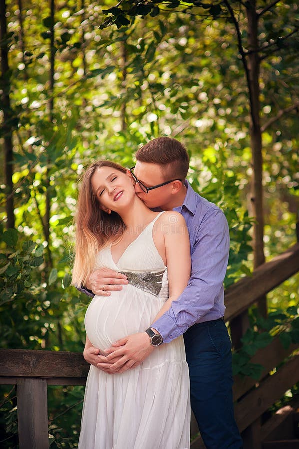 Pregnant Happy Woman Touching Her Belly Pregnant Middle Aged Mother