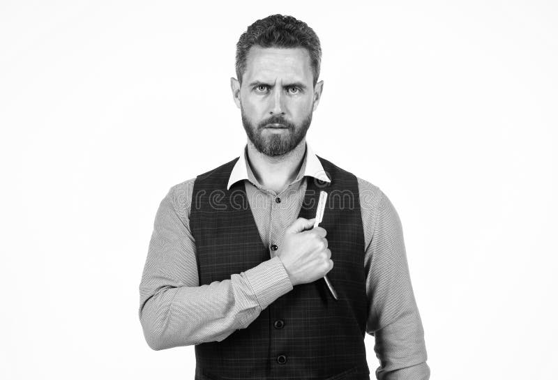 Handsome Man Hold Retro Razor Blade, Barbershop Stock Photo - Image of ...