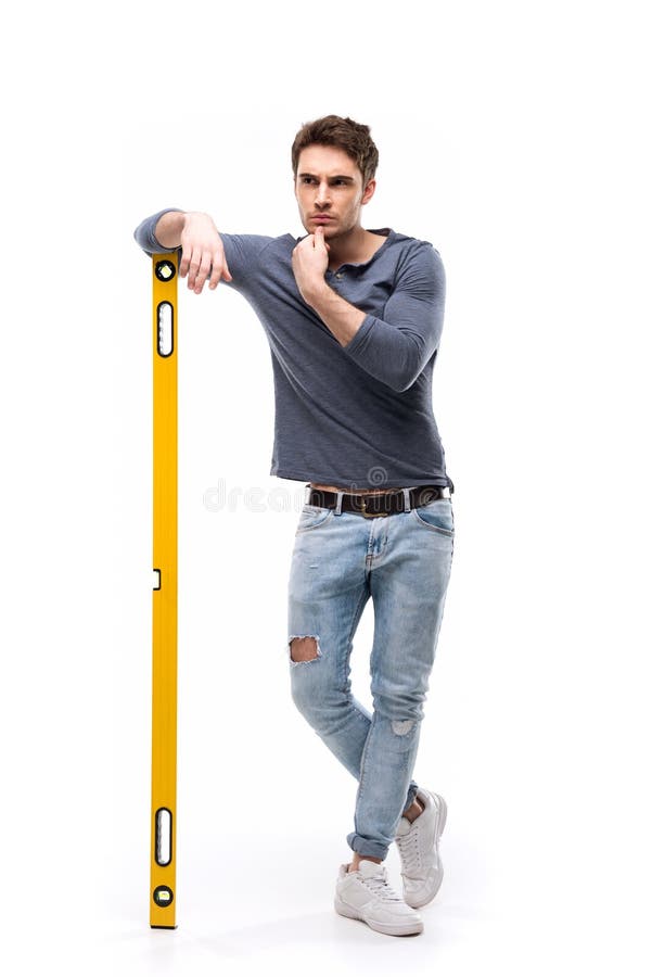 Handsome Man Holding Building Level Isolated on White, Handyman Tools ...