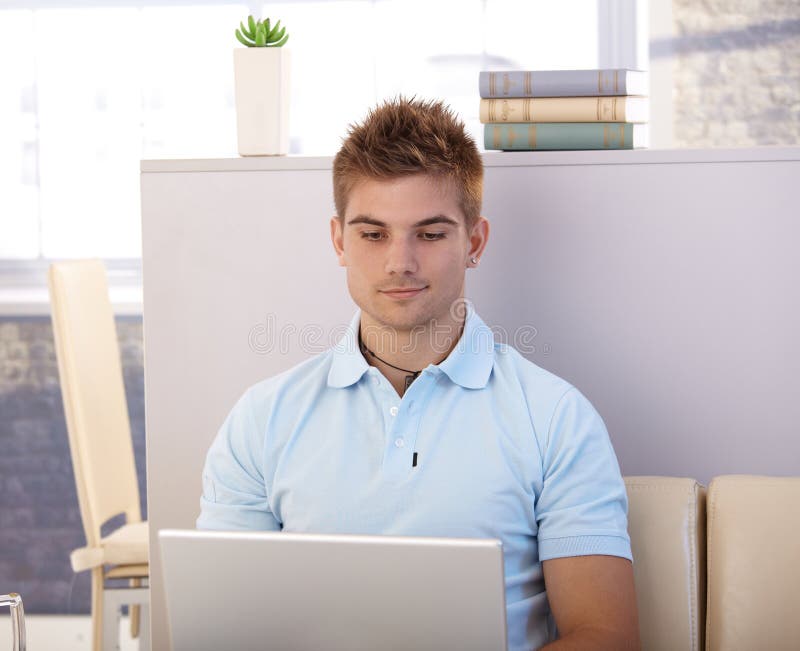 Handsome man with laptop stock photo. Image of male, home - 33481800