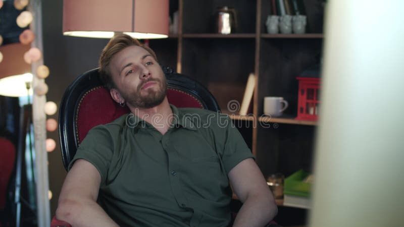 Handsome Man Leaning Back from Computer. Employee Falling from Broken ...