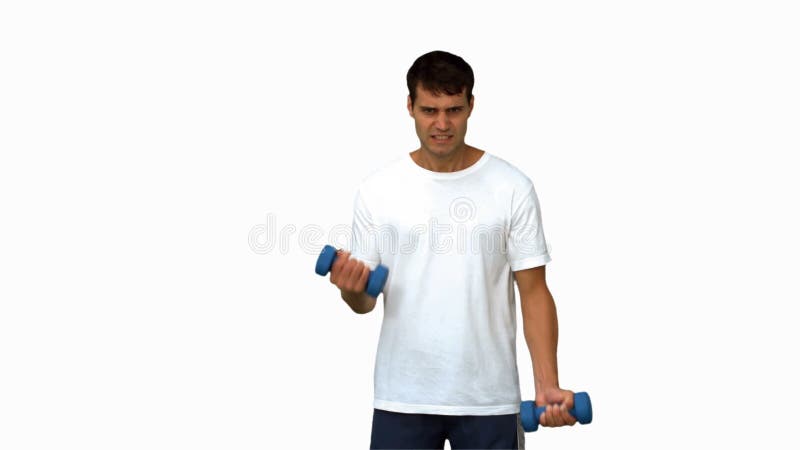 Handsome Man Lifting Dumbbells on White Screen Stock Video - Video of ...