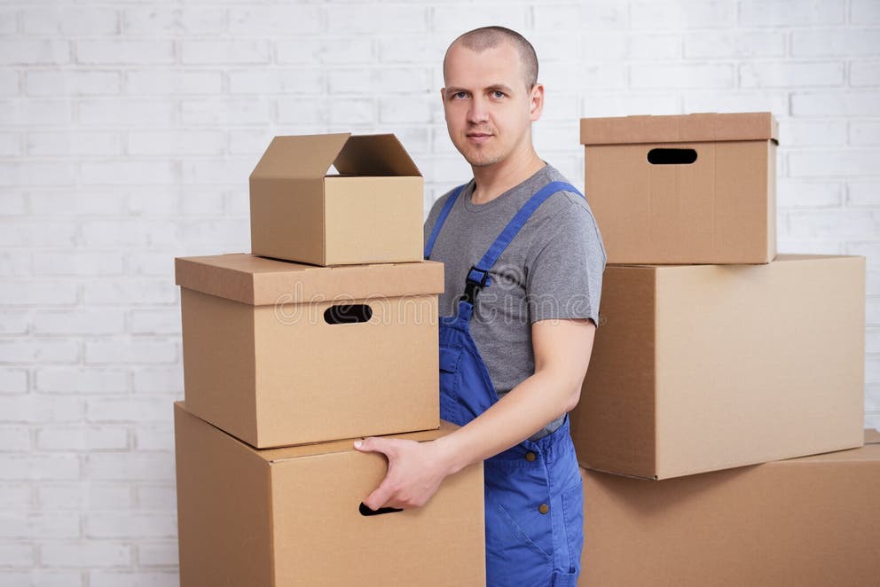 Handsome Man Loader Holding Many Boxes Stock Photo - Image of deliver ...