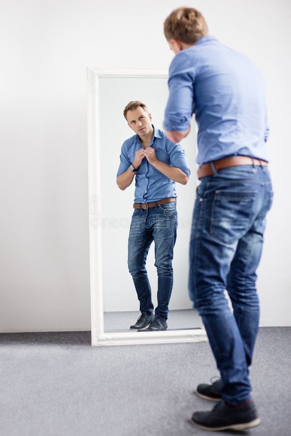 Handsome Man Looking at Himself in Mirror Stock Image - Image of ...