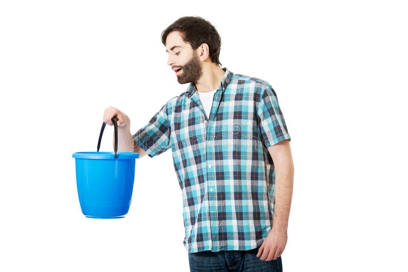 Handsome Man Looking into Plastic Bucket. Stock Image - Image of ...