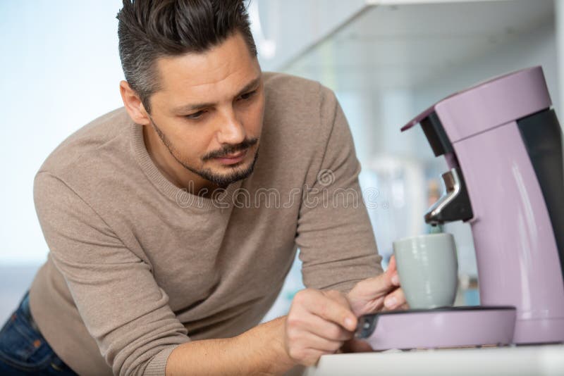 Handsome Man Making Coffee with Coffee Machine Stock Photo - Image of ...