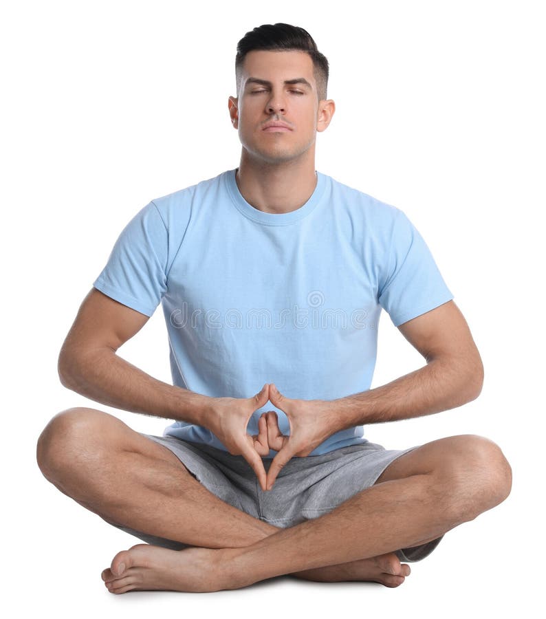 Handsome Man Meditating on White Background. Harmony and Zen Stock ...