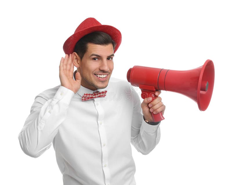 Handsome Man with Megaphone on White Background Stock Photo - Image of ...