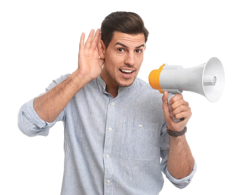 Handsome Man with Megaphone on White Background Stock Photo - Image of ...