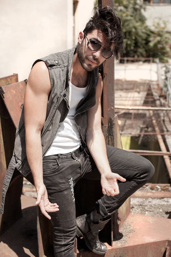 Handsome Man Model Dressed Punk, Hipster Posing Dramatic in Grun Stock ...