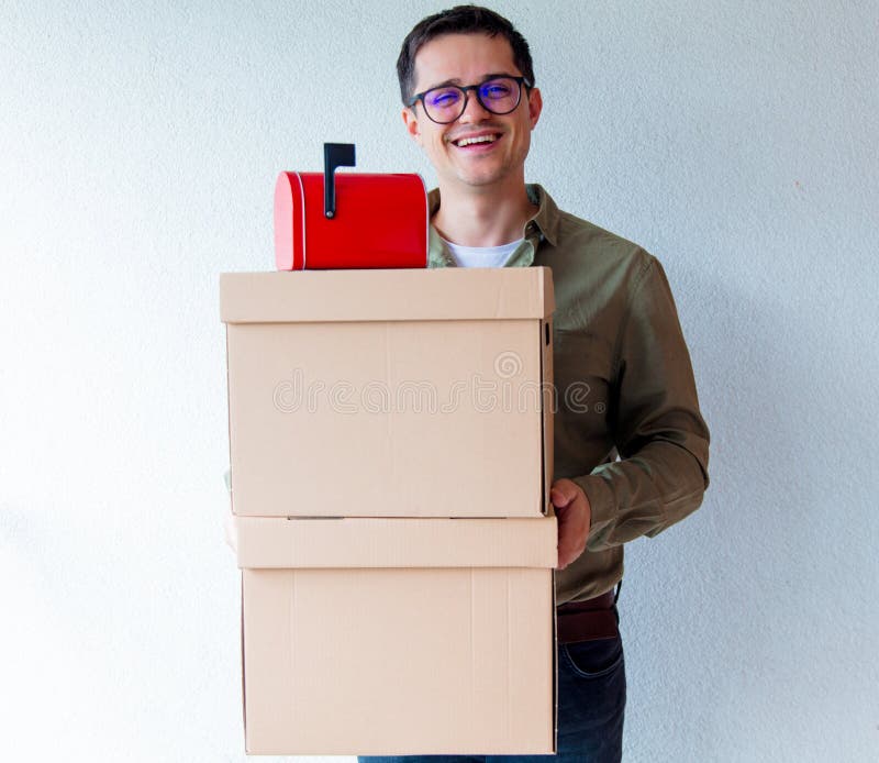 Handsome Man with Moving Boxes on White Background Stock Image - Image ...