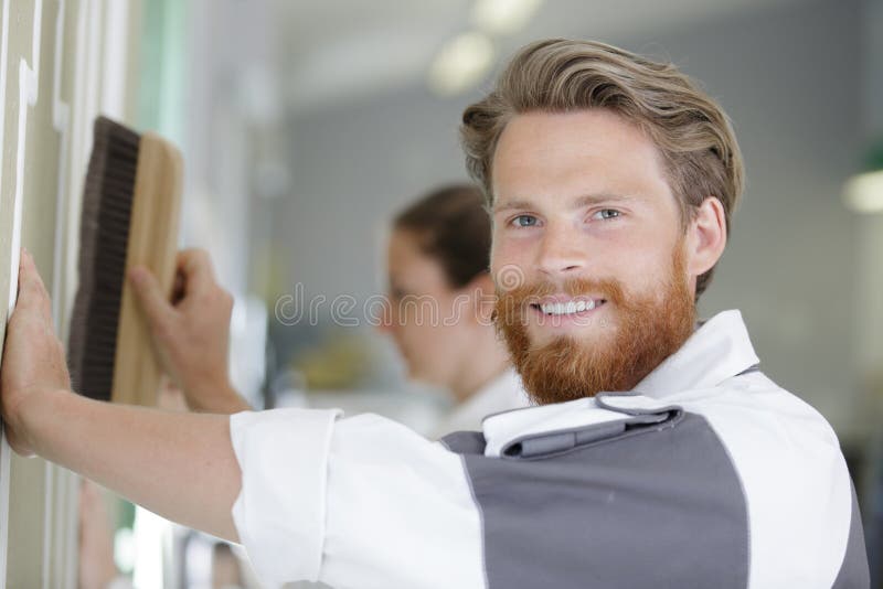 Handsome Man Painter Working with Brush Stock Photo - Image of ...