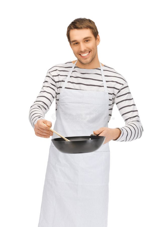 Handsome Man with Pan and Spoon Stock Image - Image of jeans, apron ...