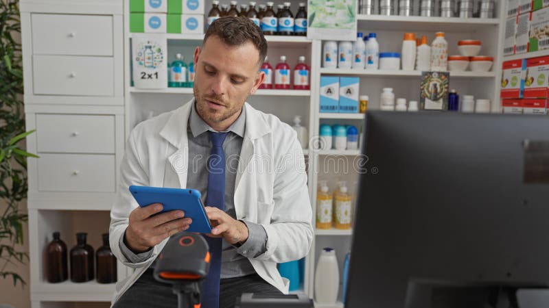 Handsome Man Pharmacist in Uniform Using Tablet Inside of a Modern ...