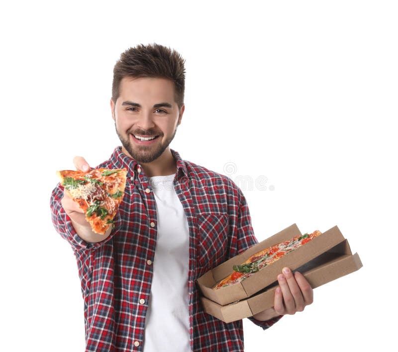 Handsome Man with Pizza Isolated Stock Photo - Image of cooked, casual ...