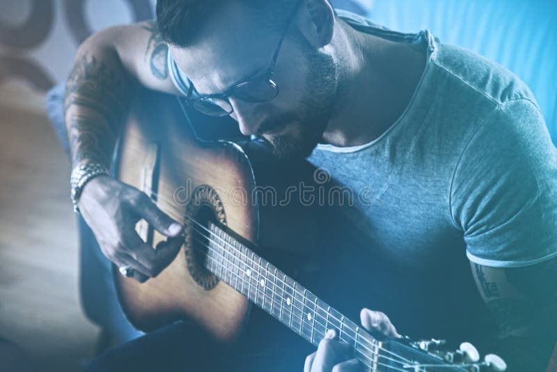 Man Playing Acoustic Guitar Stock Image - Image of skill, guitar: 97986475