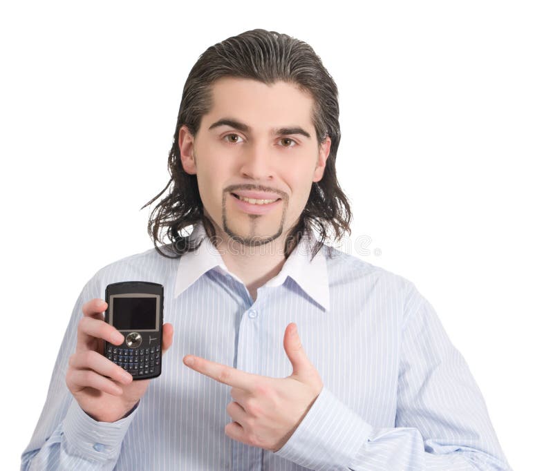 Handsome Man Pointing at His Phone Isolated White Stock Photo - Image ...
