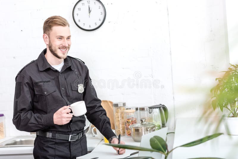 Handsome Police Officer Drinking Coffee Stock Image - Image of morning ...