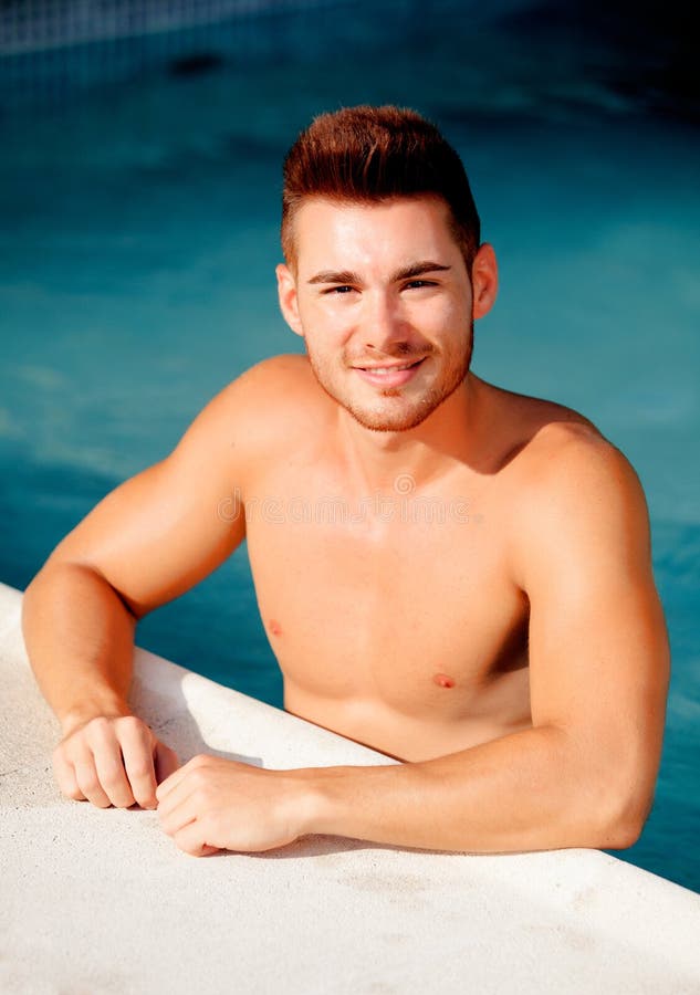 Handsome Man in the Pool Relaxing Stock Image - Image of male, happy ...