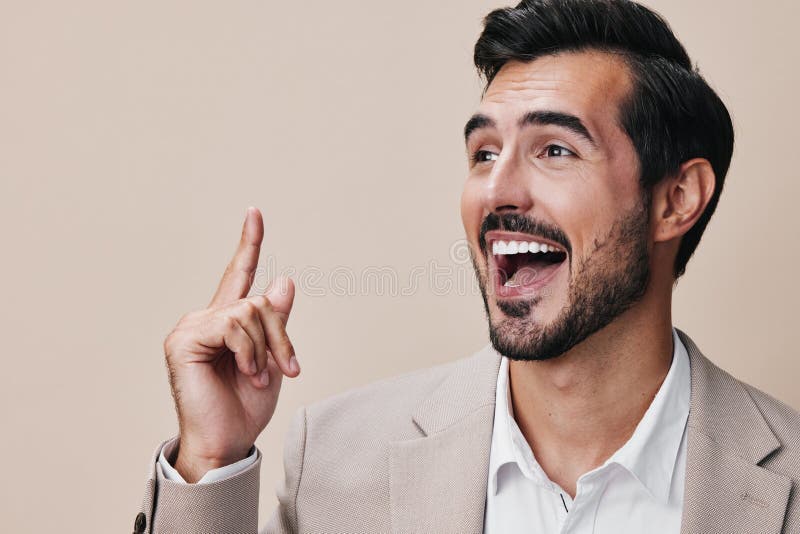 Man Beige Business Guy Portrait Happy Copyspace Handsome Smiling Suit