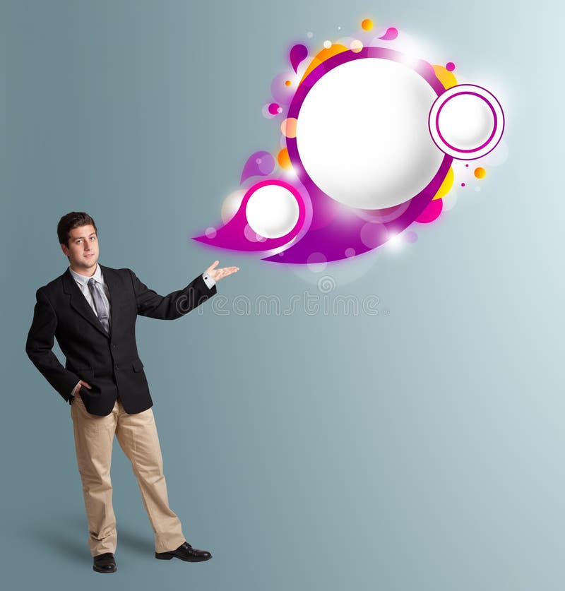 Handsome Man Presenting Abstract Speech Bubble Copy Space Stock Photo ...