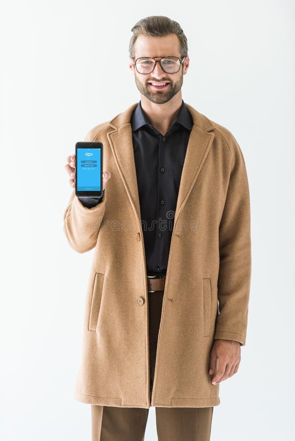 Handsome Man Presenting Smartphone with Skype Appliance Editorial ...