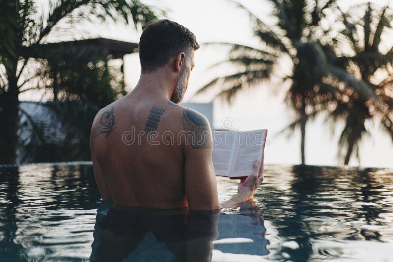 Handsome Man Reading a Book in the Pool Stock Image - Image of drawn ...