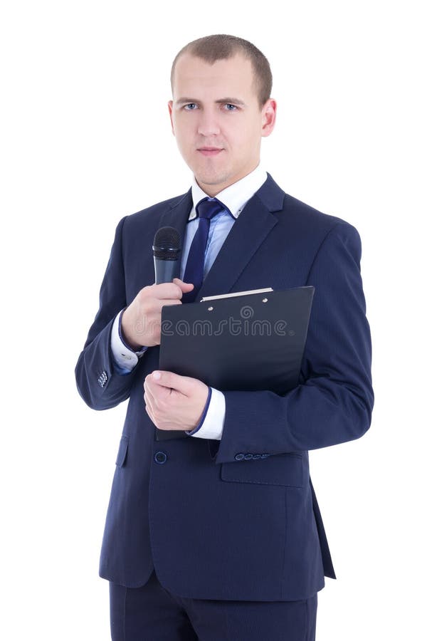 Handsome Man Reporter in Suit with Microphone and Clipboard Isolated on ...