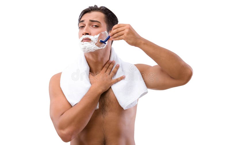 Handsome Man Shaving Isolated on White Stock Photo - Image of foam ...