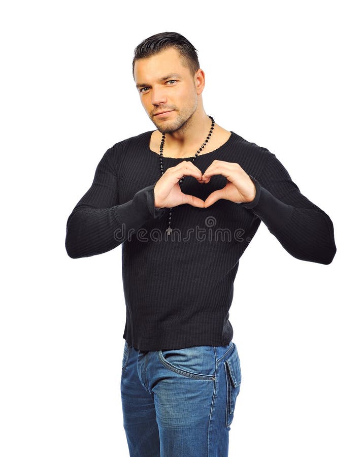 Handsome Man Shows Heart with Their Hands. Isolated Stock Image - Image ...