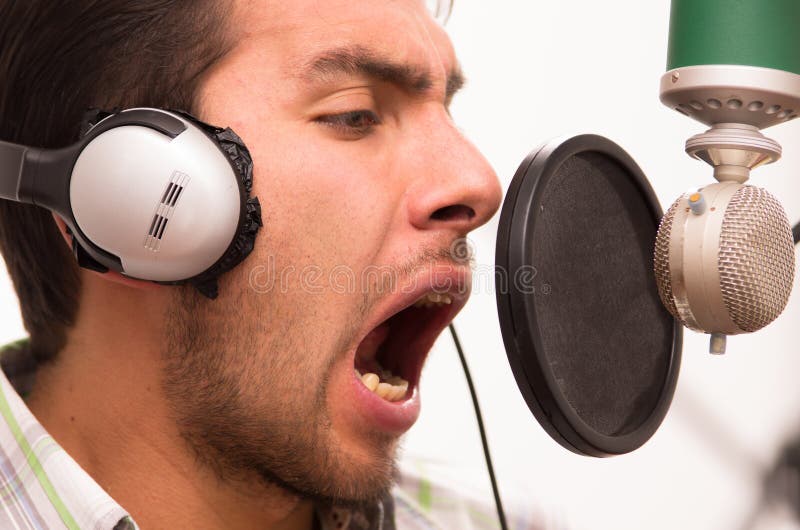 Handsome Man Singing in Music Studio Stock Image - Image of mouth ...