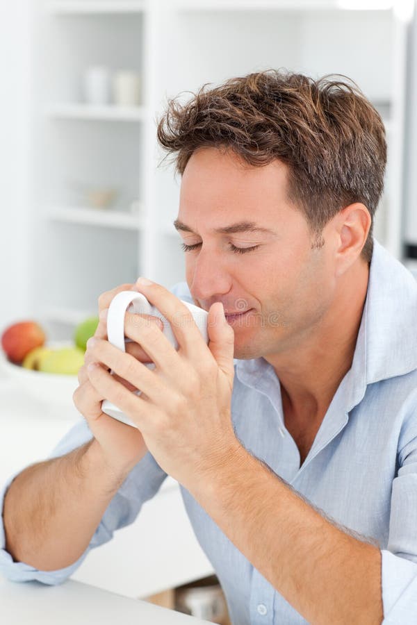 Handsome Man Smelling His Coffee Stock Photo - Image of happiness ...