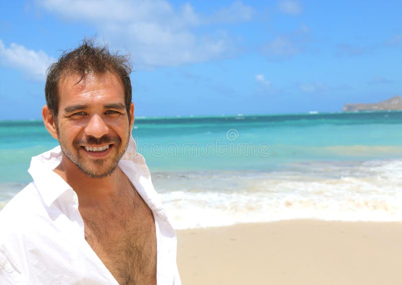 Handsome Man Smiling at Beach Stock Image - Image of caucasian ...