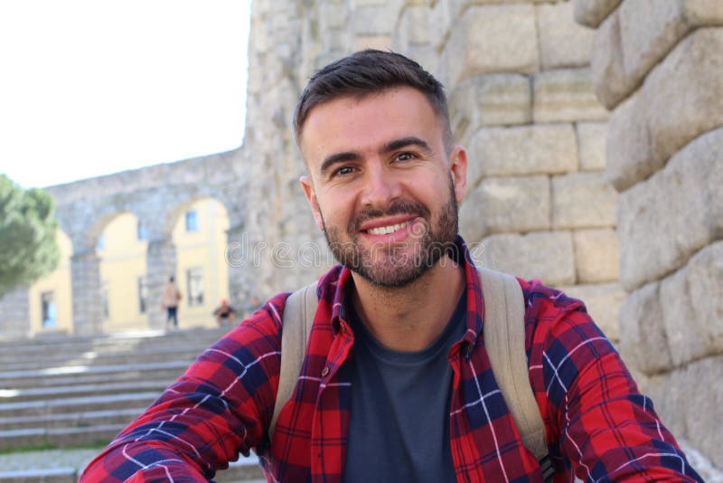 Handsome Man Smiling in Europe Stock Image - Image of backpack ...