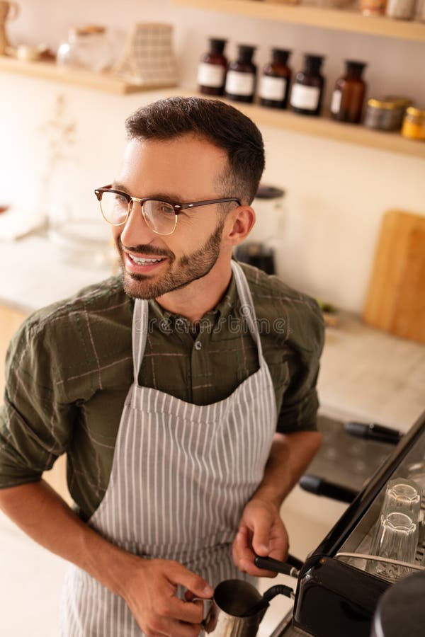 Handsome Man Smiling while Making Coffee for Customer Stock Photo ...