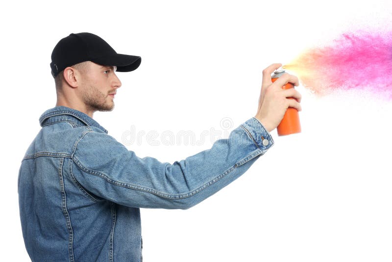 Handsome Man Holding Spray Paint Against White Background Stock Photos ...