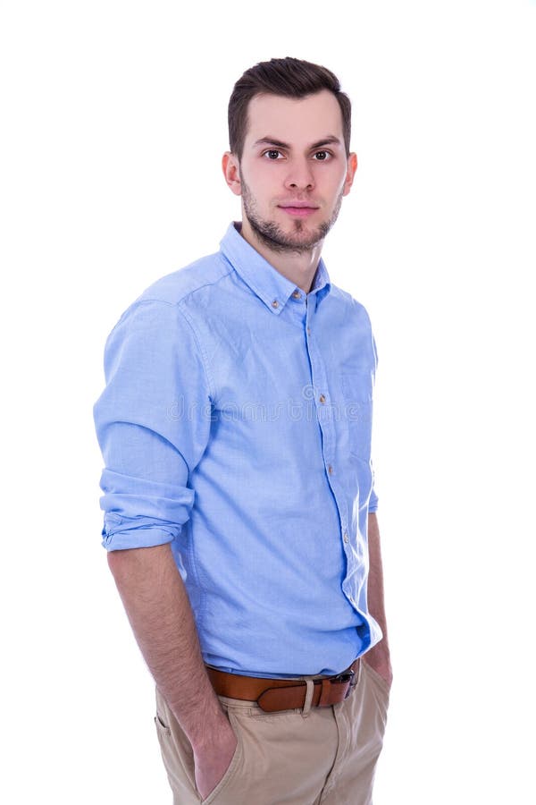 Handsome Man Standing Isolated on White Stock Photo - Image of blue ...