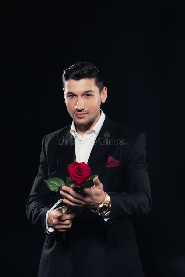Handsome Man in Suit Looking at Camera and Holding Red Rose Isolated ...