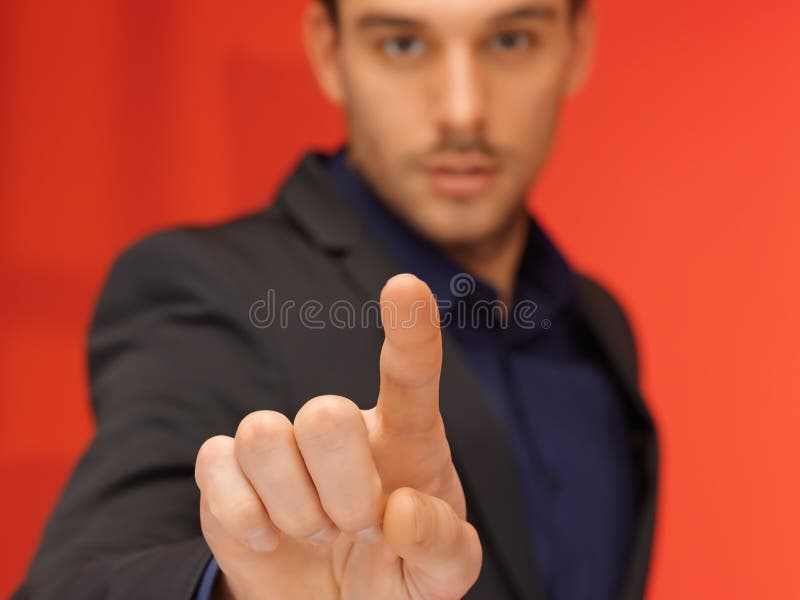 Handsome Man in Suit Pressing Virtual Button Stock Photo - Image of ...
