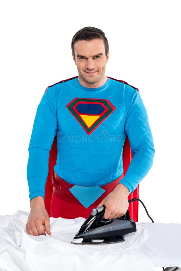 Handsome Man in Superhero Costume Ironing Clothes and Smiling at Camera ...