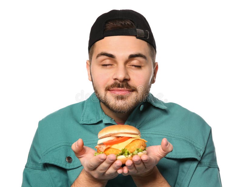 Handsome Man with Tasty Burger Isolated Stock Image - Image of meat ...