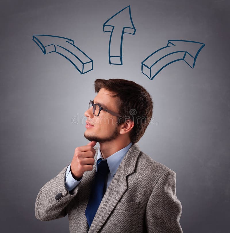 Handsome Man Thinking with Arrows Overhead Stock Image - Image of ...
