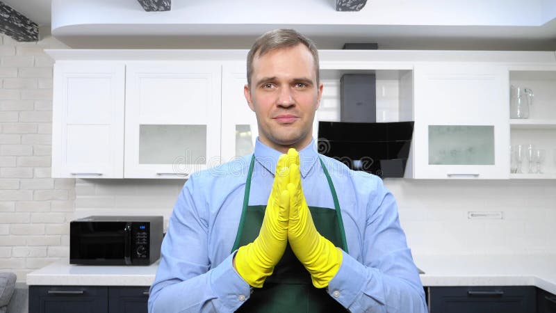 Handsome Man in Tie and Apron Wearing Rubber Gloves Stock Image - Image ...