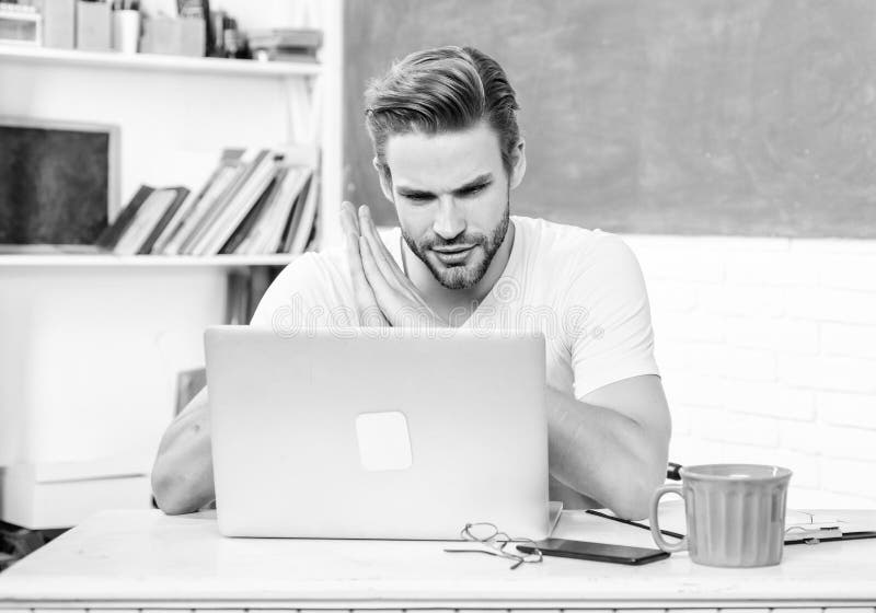 Handsome Man Use Modern Technology. Improve Knowledge. Student Learn ...